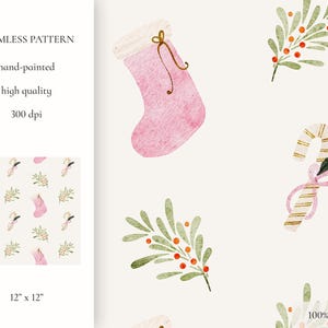 Christmas Seamless Pattern, Pastel Pink Watercolor Christmas Seamless ...