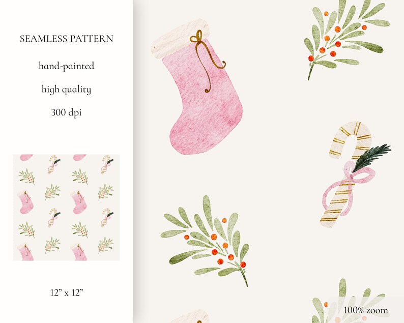 Christmas Seamless Pattern, Pastel Pink Watercolor Christmas Seamless ...