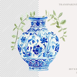 Ginger Jar Clipart With Pink Peonies, Chinoiserie Blue Vase Watercolor ...
