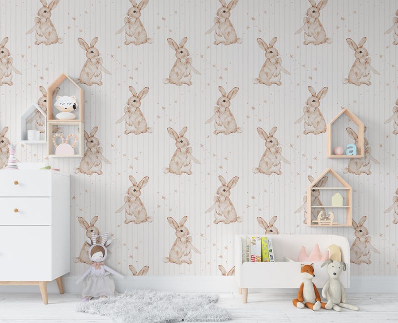 Beige Bunny Seamless Pattern, Watercolor Baby Rabbit Digital Paper ...