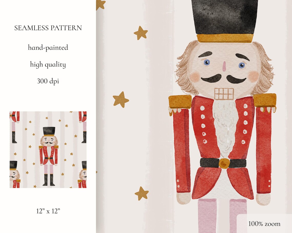 Nutcracker Christmas Seamless File, Watercolor Nutcracker Pattern, Red ...
