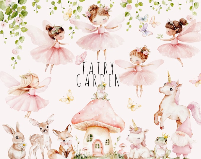 Watercolor Fairy Garden Clipart, Pink Fairy Princess PNG, Woodland ...