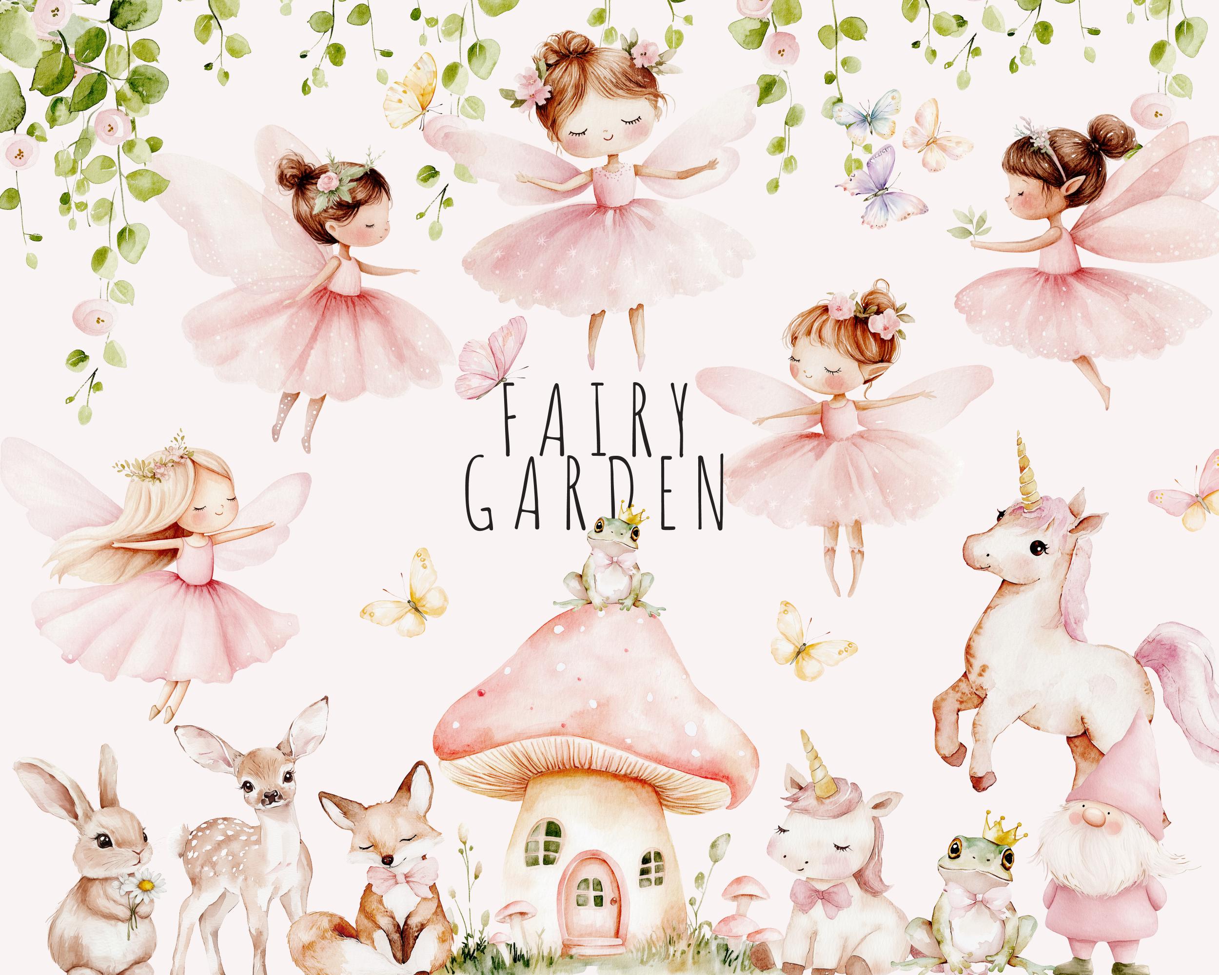 Watercolor Fairy Garden Clipart, Pink Fairy Princess PNG, Woodland ...