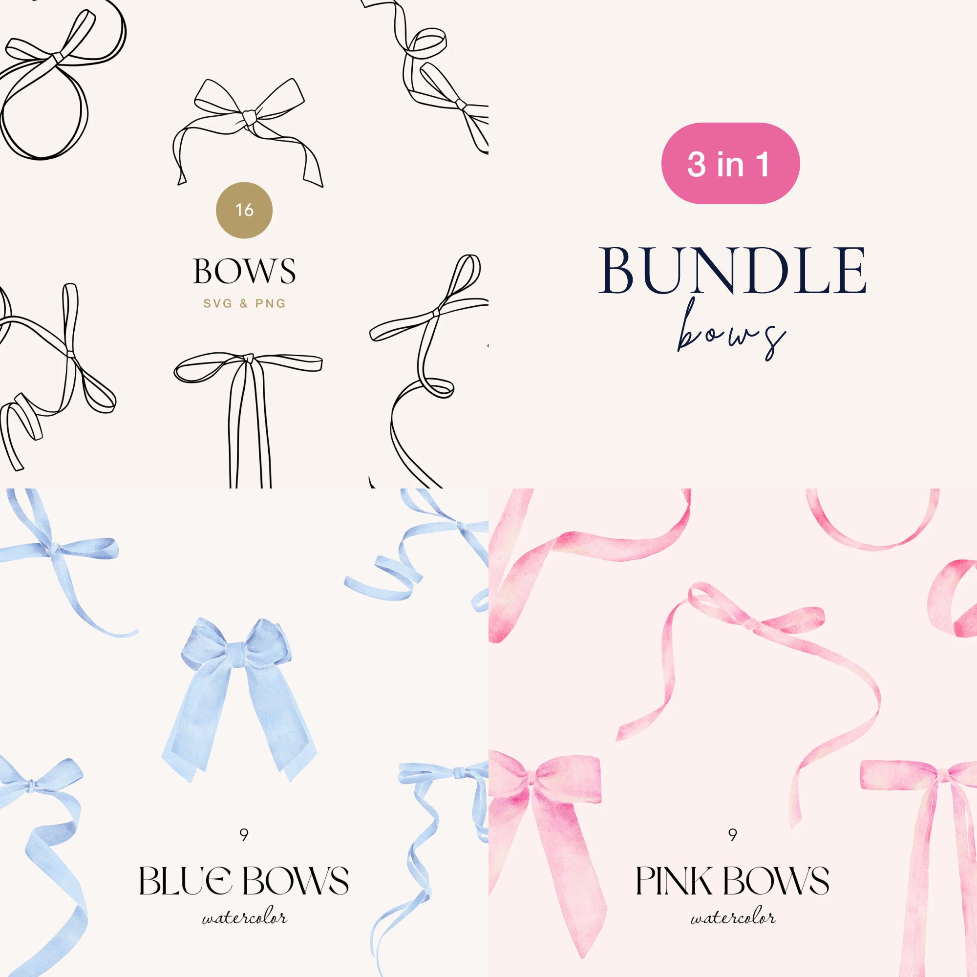 Watercolor Bow Clipart Bundle, Blue Bow Png, Pink Bow, Line Bow Svg ...