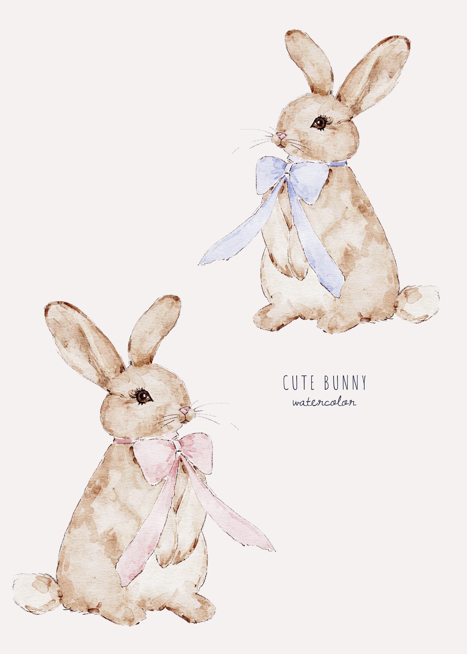 Watercolor Bunny Rabbit Clipart, Pink, Blue Bow Bunny Png, Hand-painted ...