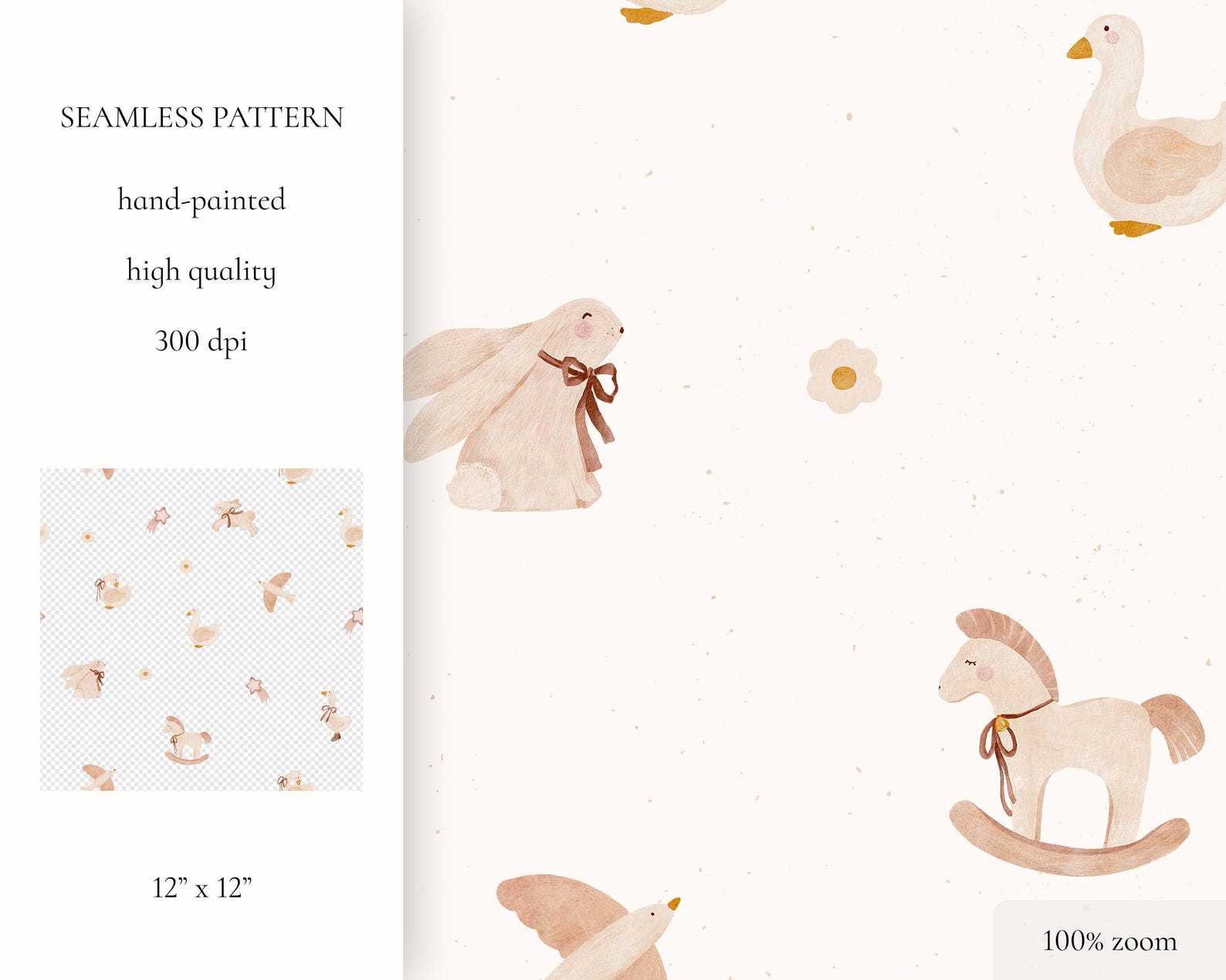 Neutral Boho Nursery Seamless Pattern, Watercolor Baby Animal Clipart Bunny, Duck, Rocking Horse ...
