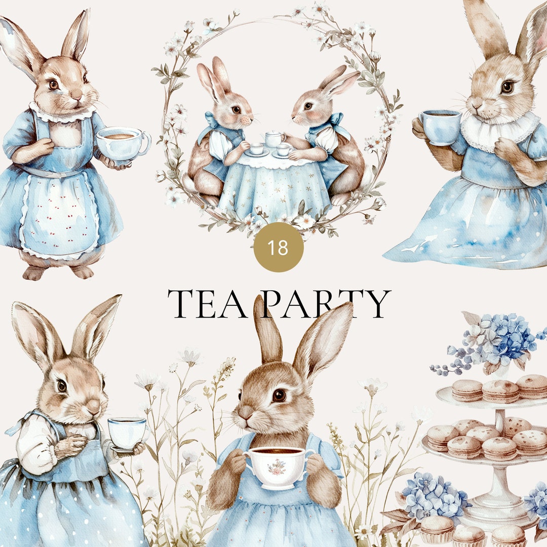 Tea Party Watercolor Clipart Bundle, Cute Bunny Rabbit Clipart, Blue ...