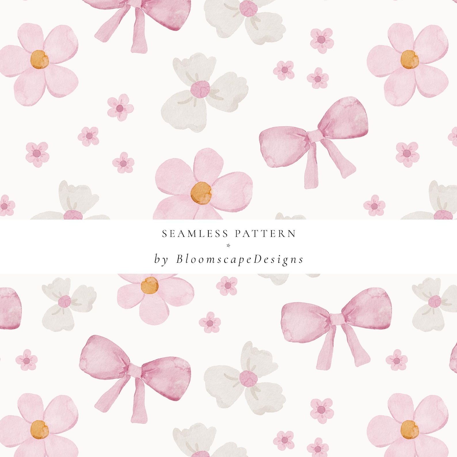 Watercolor Pink Bow Pattern, Floral Seamless Digital Paper, Cute Girly ...