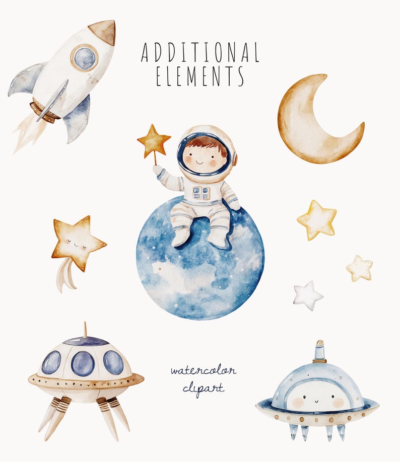 Watercolor Space Clipart Bundle, Cute Astronaut PNG Set, Galaxy Baby ...