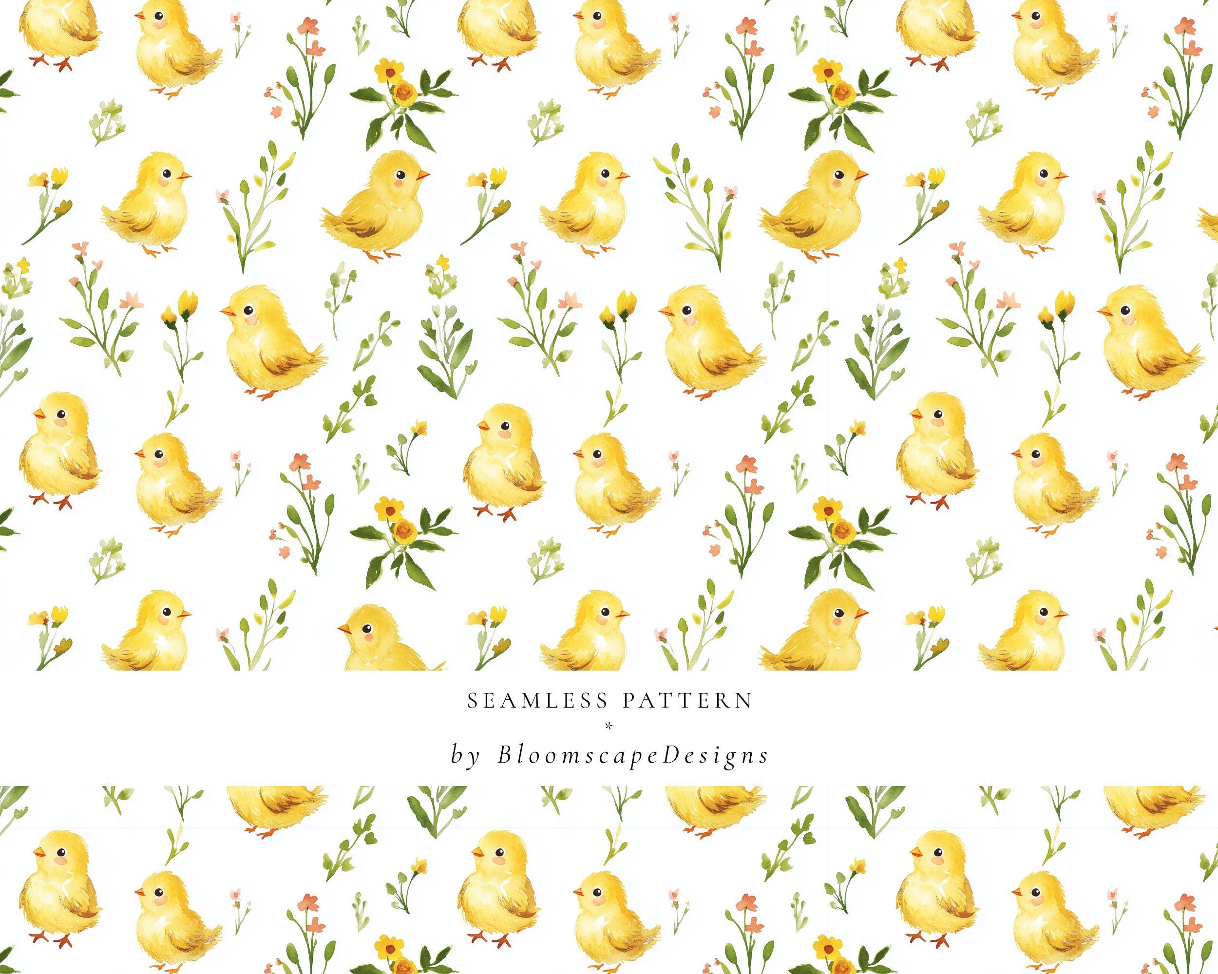 Watercolor Baby Chick Seamless Pattern, Spring Floral Yellow Chick ...
