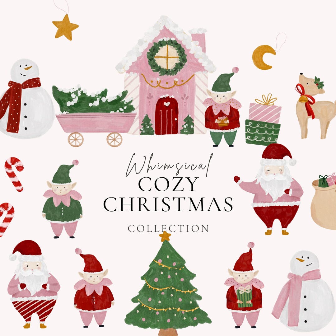 Whimsical Christmas Clipart Bundle, Cute Santa and Elf Illustrations ...