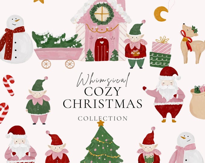 Whimsical Christmas Clipart Bundle, Cute Santa and Elf Illustrations ...