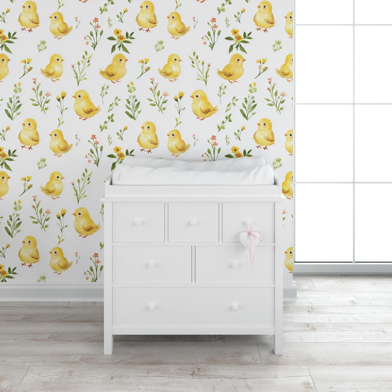 Watercolor Baby Chick Seamless Pattern, Spring Floral Yellow Chick ...