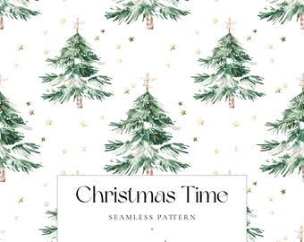 Christmas Tree Seamless Pattern, Green Christmas Trees With Gold Stars ...