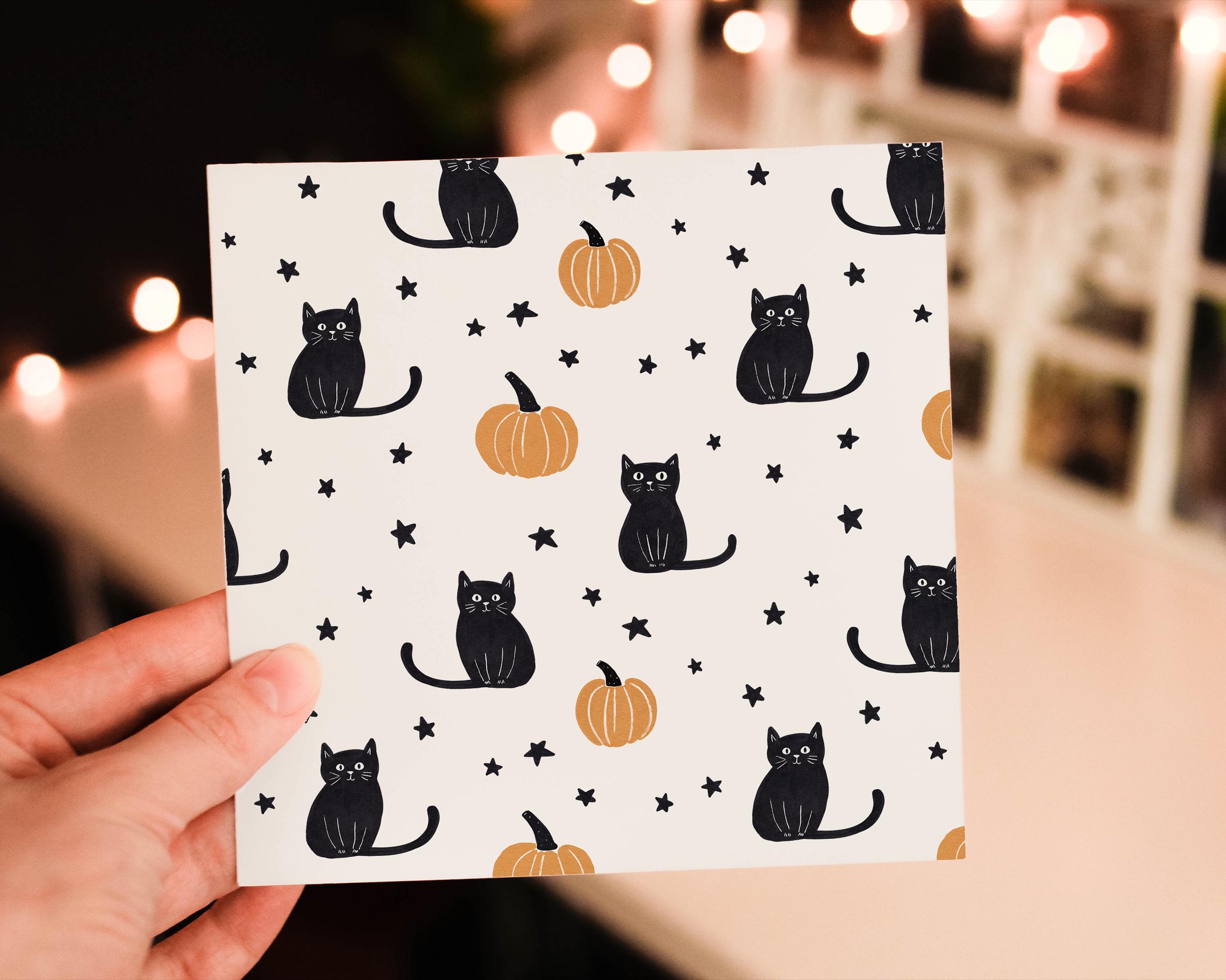 Halloween Black Cat and Pumpkin Seamless Pattern, Cute Ghost Cat ...