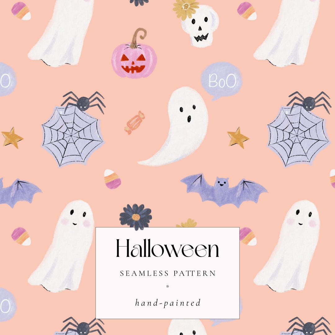 Pastel Halloween Seamless Pattern, Halloween Decor, Cute Ghost, Pumpkin ...