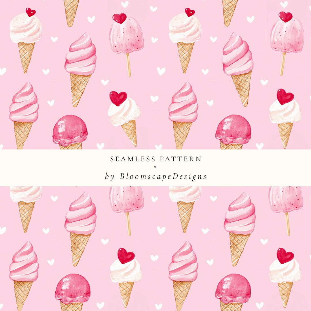 Pink Ice Cream Heart Seamless Pattern, Valentine’s Day Digital Paper ...