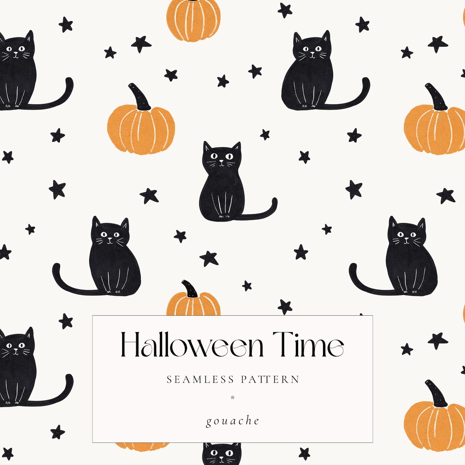 Halloween Black Cat and Pumpkin Seamless Pattern, Cute Ghost Cat ...