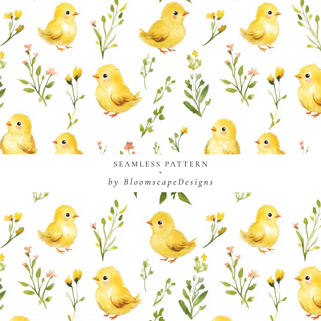 Watercolor Baby Chick Seamless Pattern, Spring Floral Yellow Chick ...