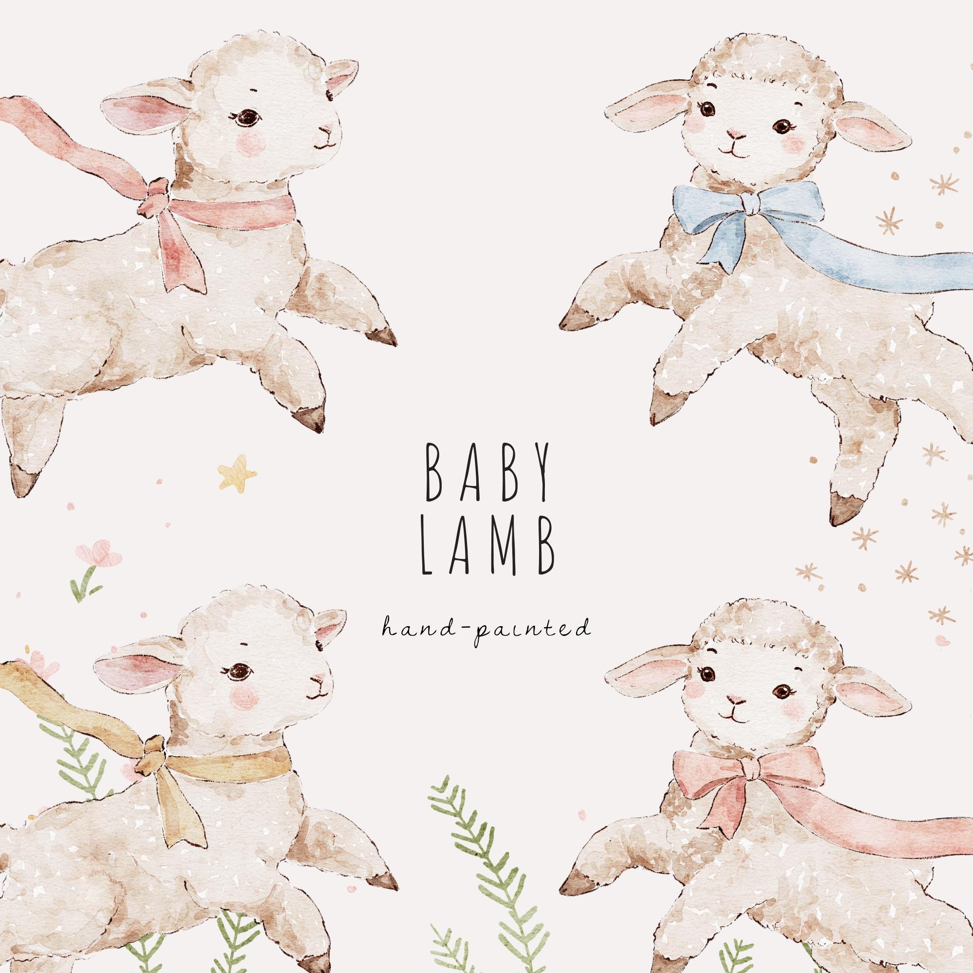 Watercolor Baby Lamb Clipart, Pink, Blue, Yellow Bow Lamb Png, Hand ...