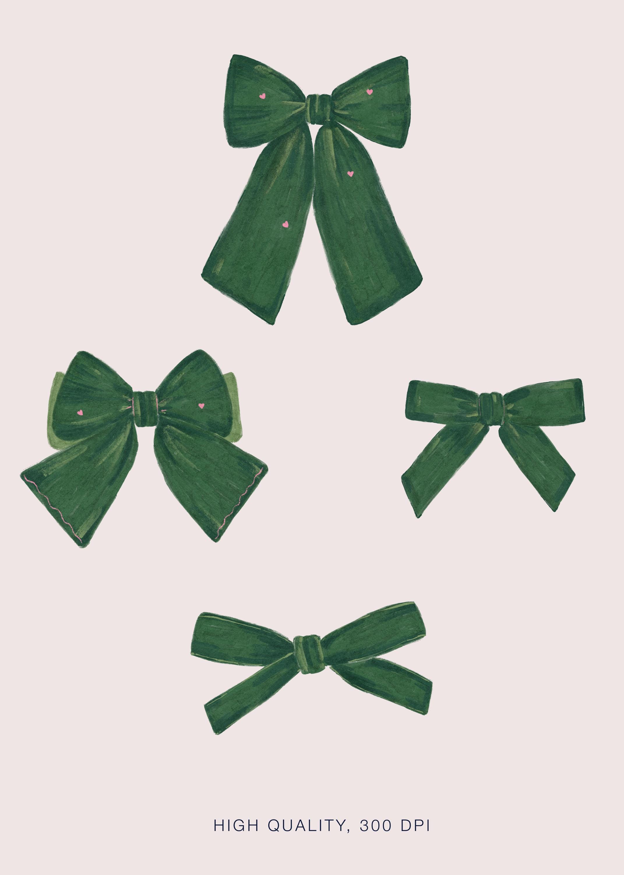 Green Velvet Bow Clipart Set, Coquette Bow PNG, Retro Christmas, Hand ...
