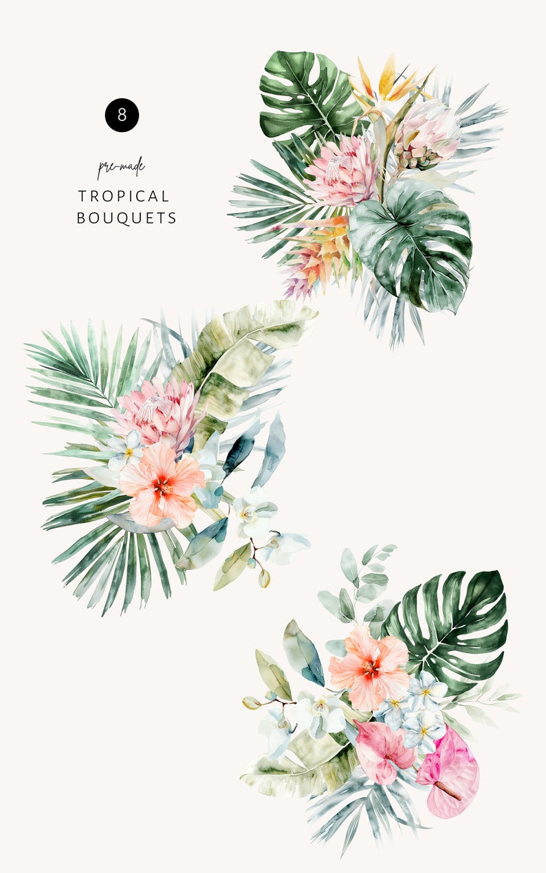 Tropical Watercolor Floral Clipart, Tropical Leaves, Tropical Bouquet ...
