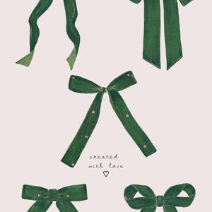 Green Velvet Bow Clipart Set, Coquette Bow PNG, Retro Christmas, Hand ...