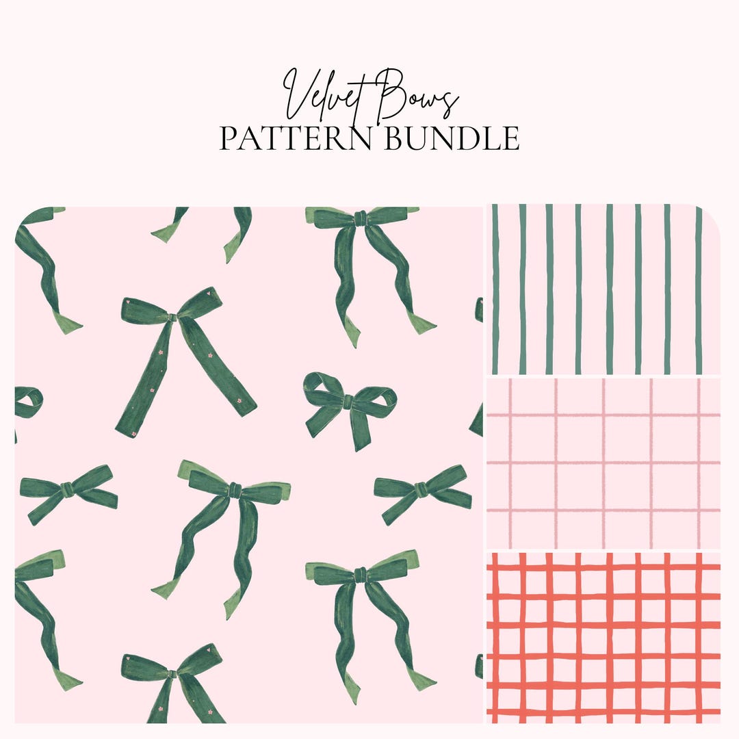 Velvet Bows Seamless Pattern Bundle, Green Bows, Red, Pink Gingham ...