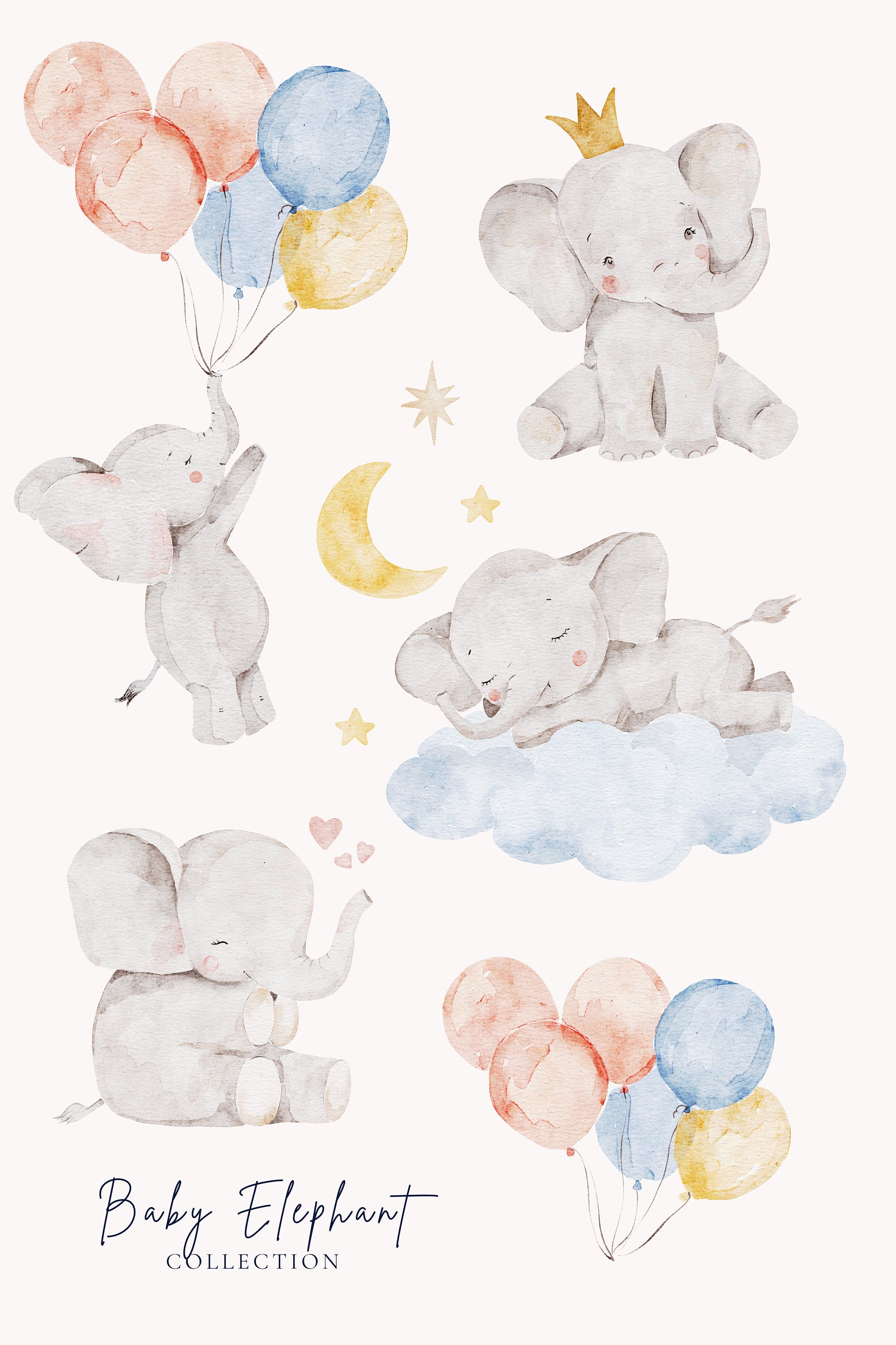 Baby Elephant Watercolor Clipart, Baby Boy Shower Decor, Baby Girl ...