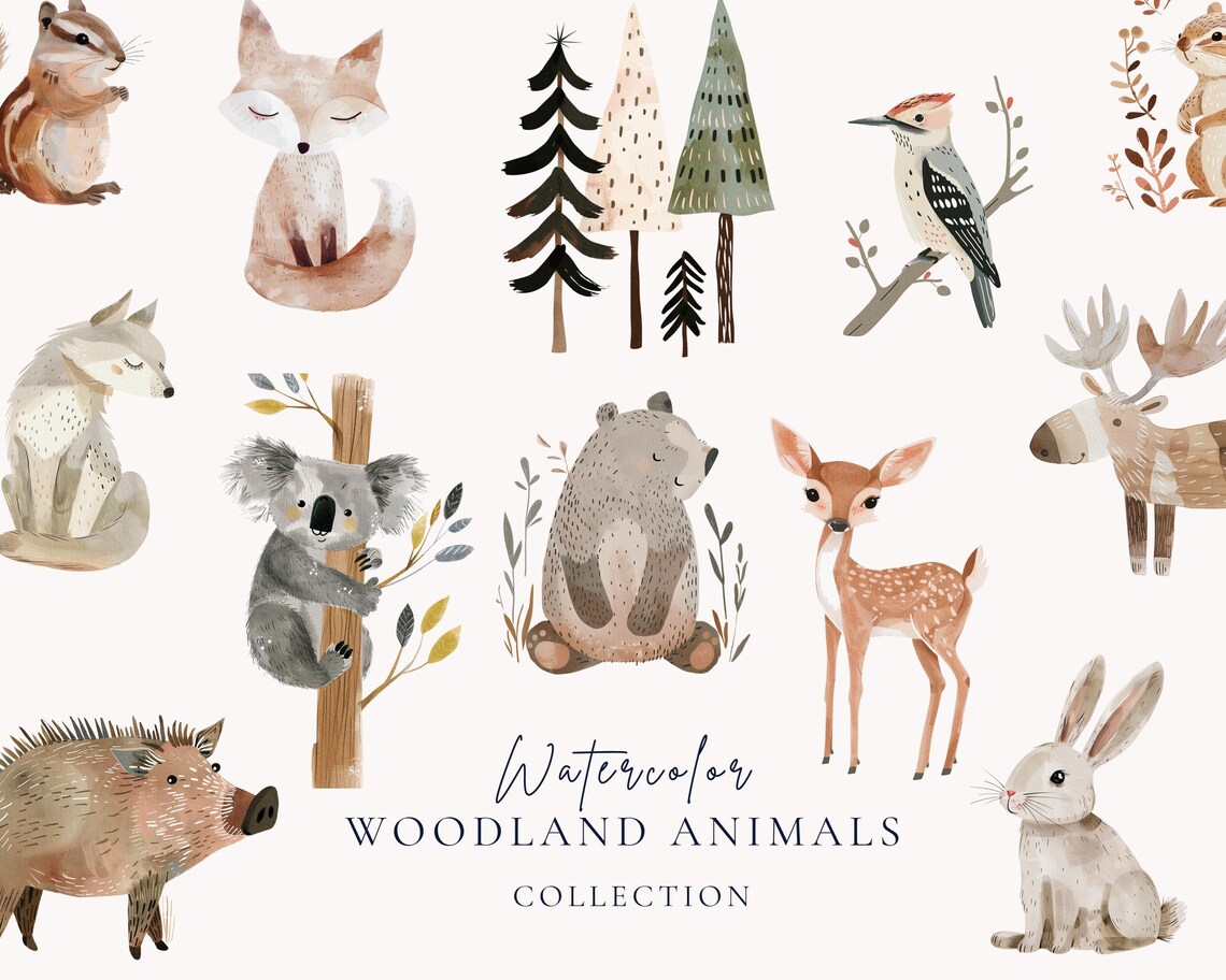 Watercolor Woodland Animals Clipart, Forest Friends Clip Art, Cute Fall ...