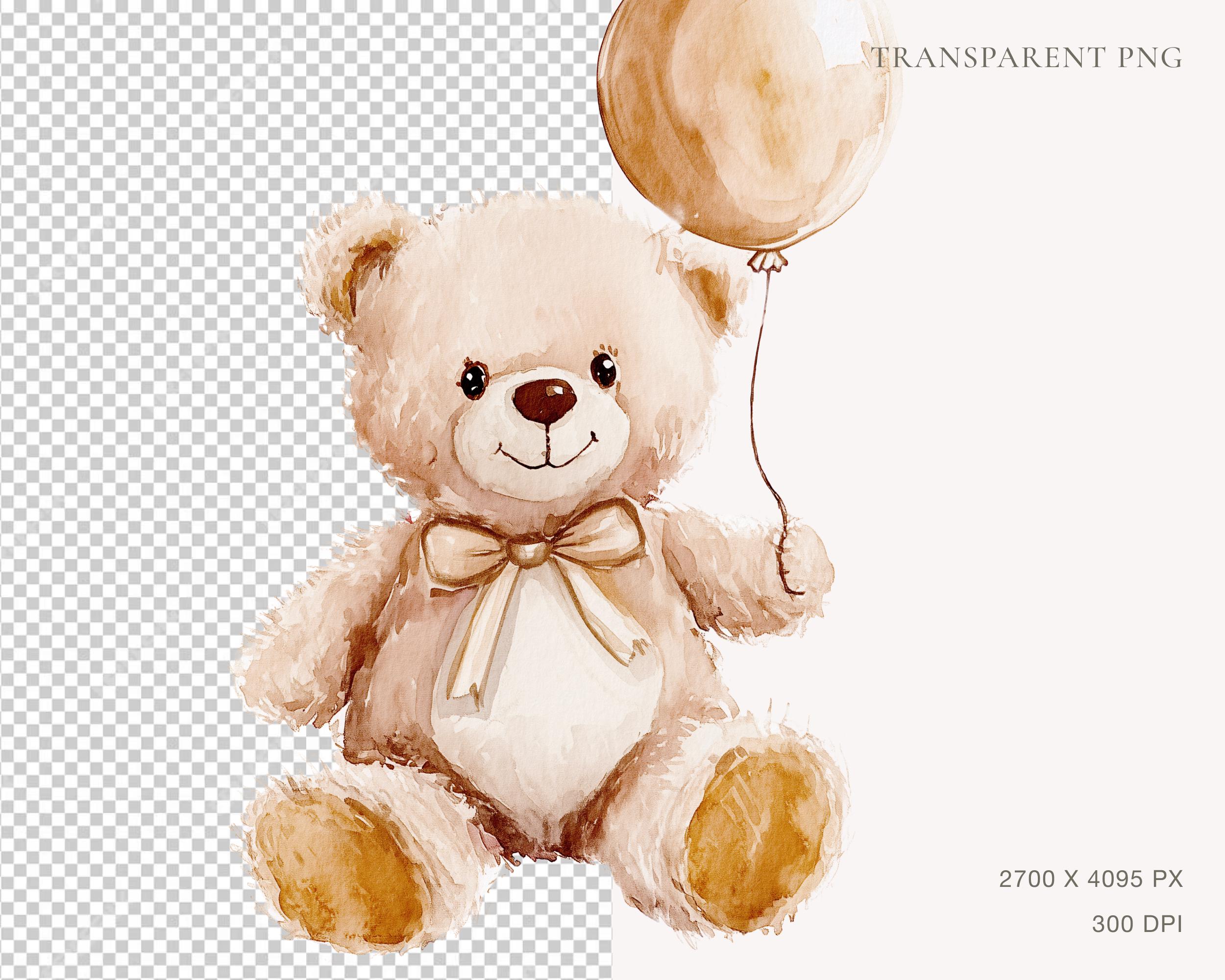 Watercolor Teddy Bear With Balloon, Cute Neutral Beige Bear Clipart PNG ...