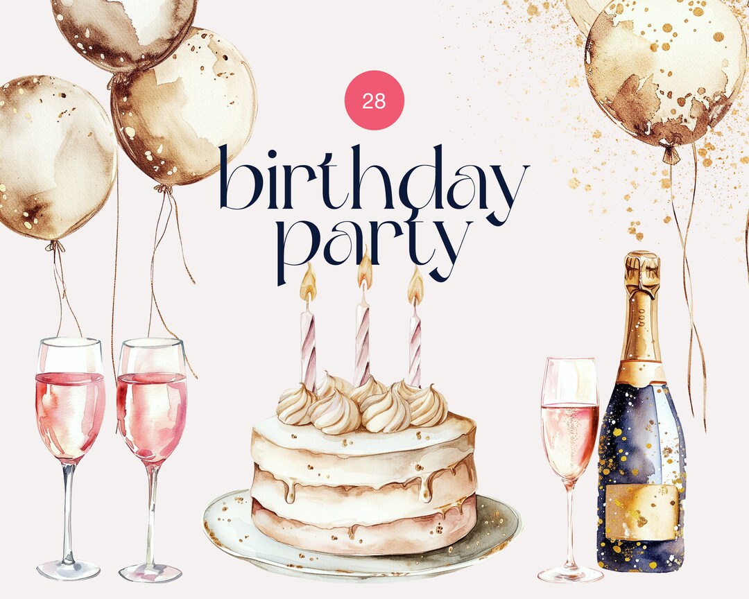 Watercolor Rose Gold Birthday Party Clipart, Pink Gold Birthday ...