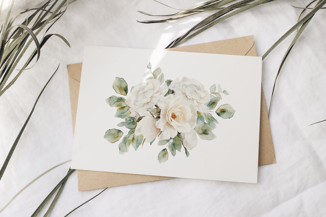 White Rose Watercolor Floral Clipart, White Rose Pre-made Floral ...