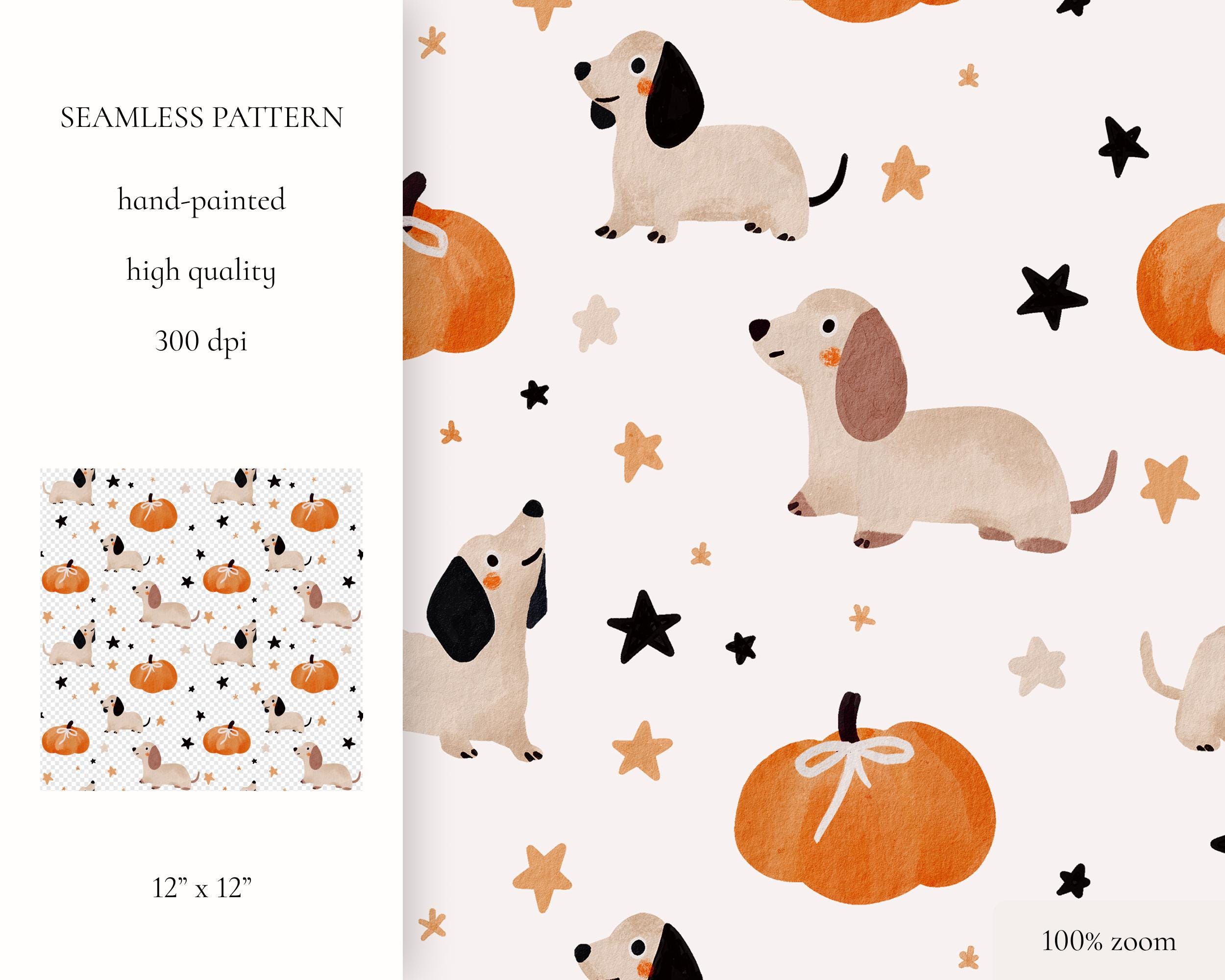 Cute Dachshund Halloween Pattern, Watercolor Halloween Dogs Pumpkins ...