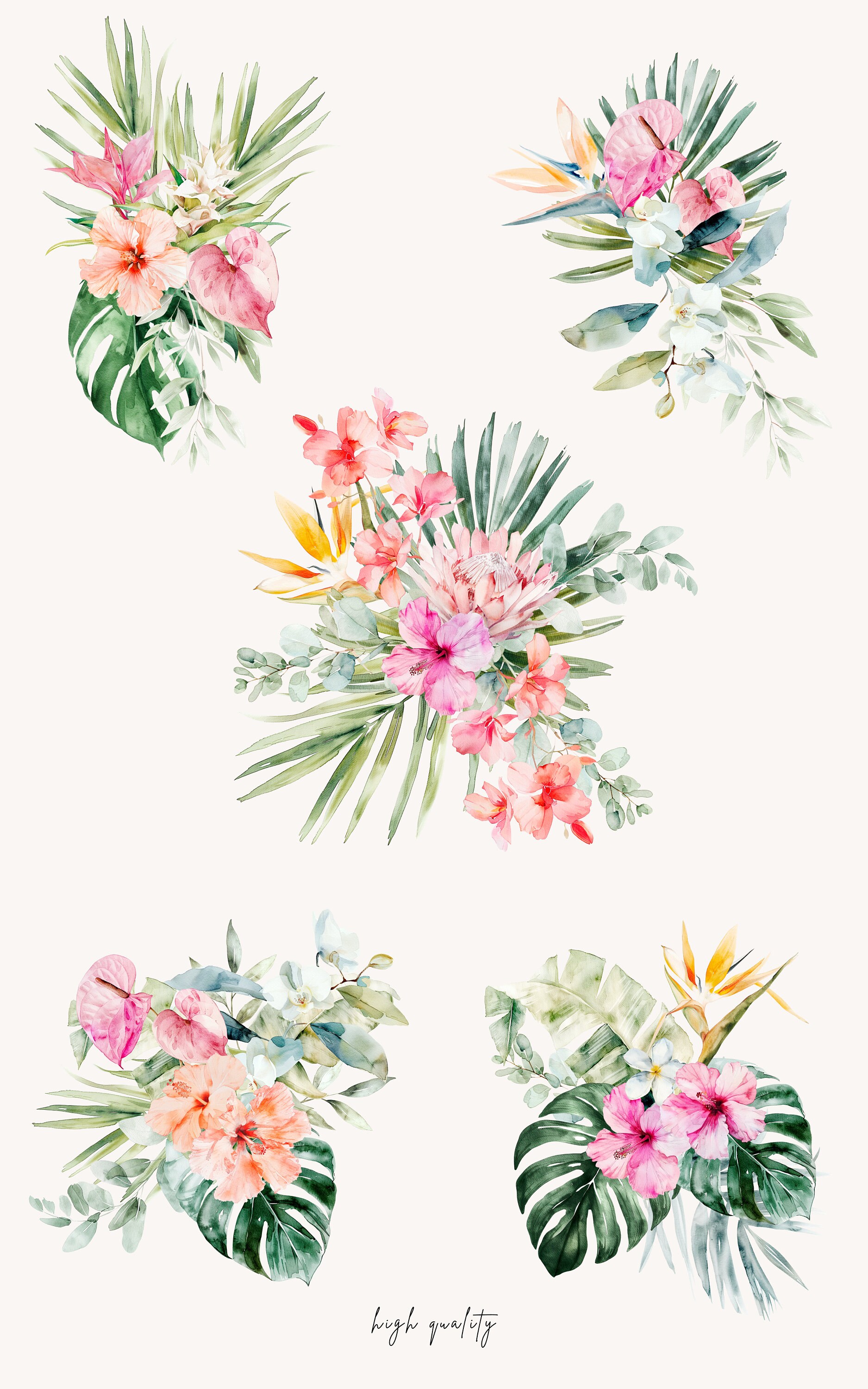 Tropical Watercolor Floral Clipart, Tropical Leaves, Tropical Bouquet ...