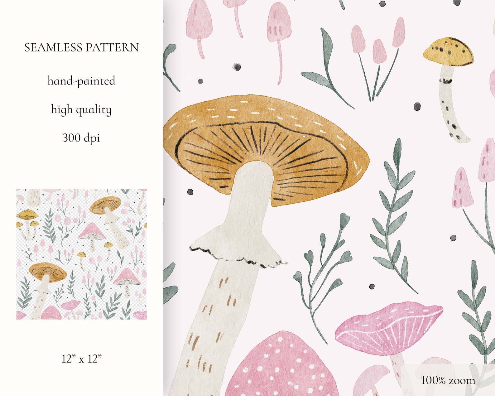 Pastel Mushroom Seamless Pattern, Hand-painted Watercolor Mushroom ...