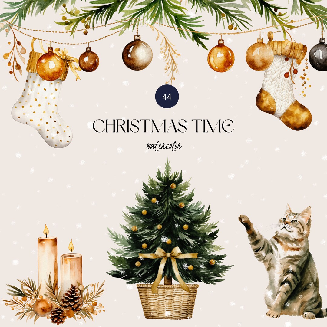 Watercolor Christmas Clipart, Green and Gold Christmas Elements Png ...