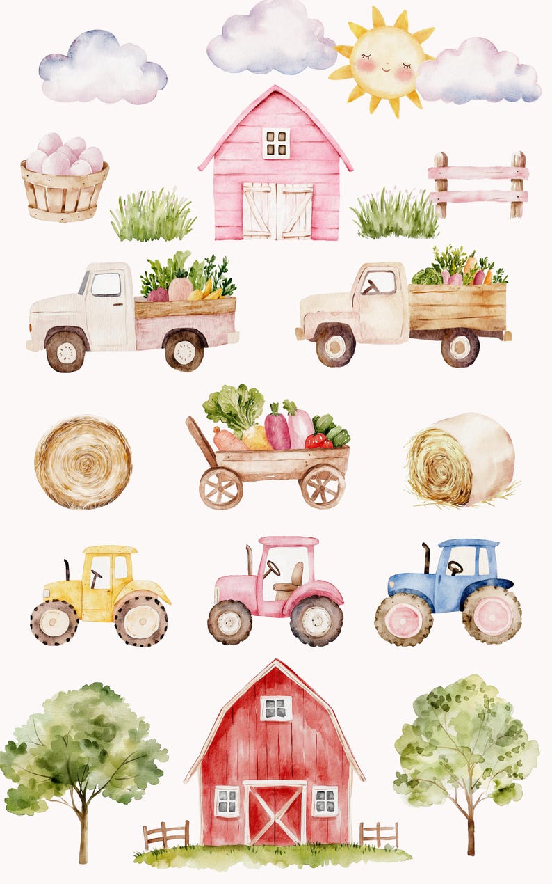 Watercolor Farm Clipart Bundle, Cute Farm Animals PNG, Rustic ...
