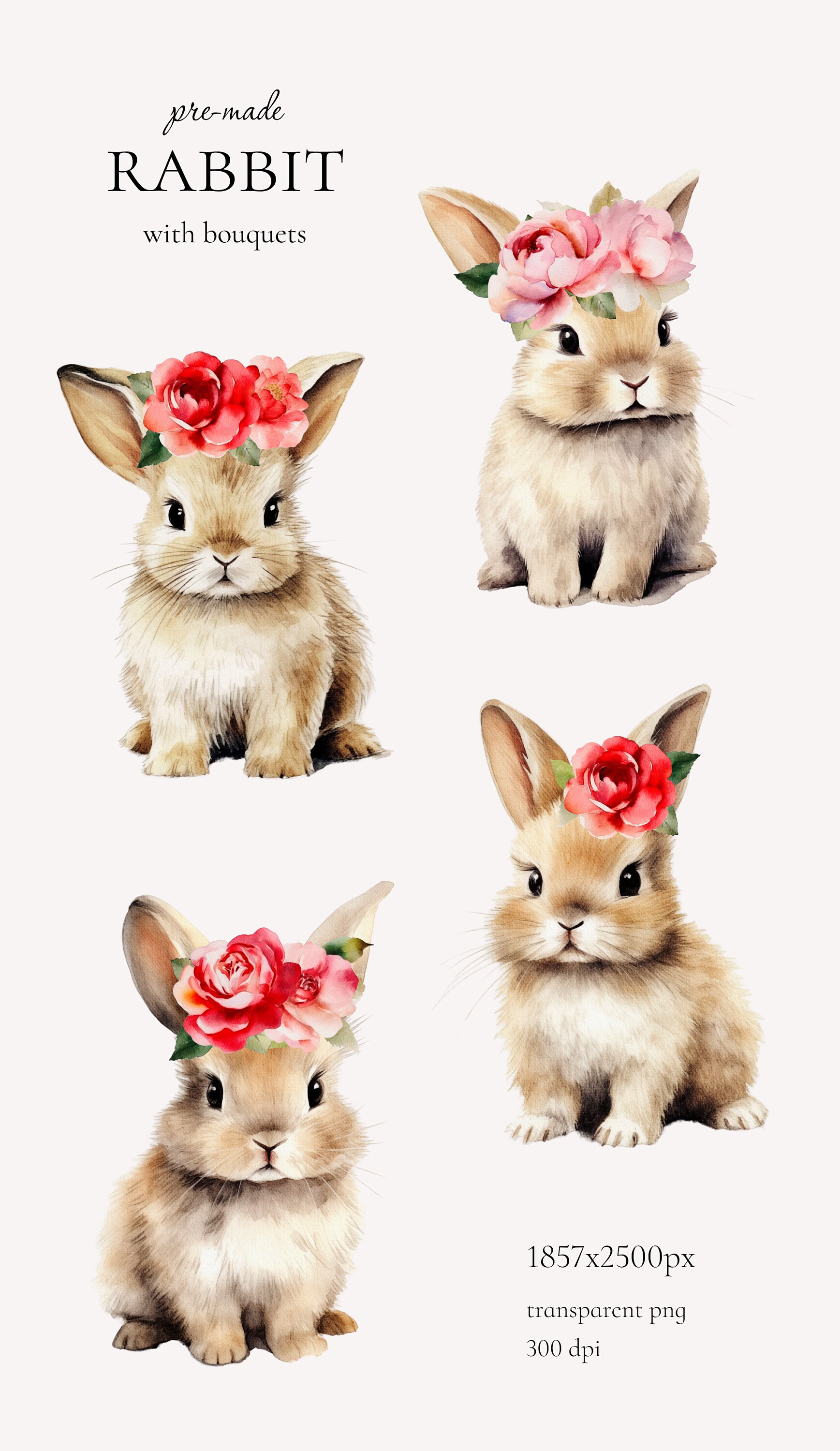 Cute Bunny Watercolor Clipart, Rabbit Spring Clipart, Floral Bunny ...