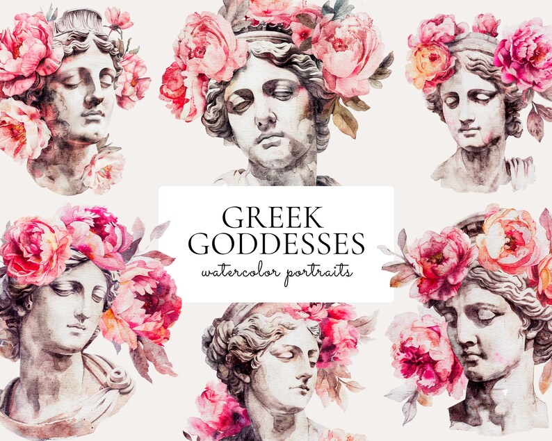 Greek Goddesses Watercolor Portraits, Aphrodite Floral Greek Statues ...