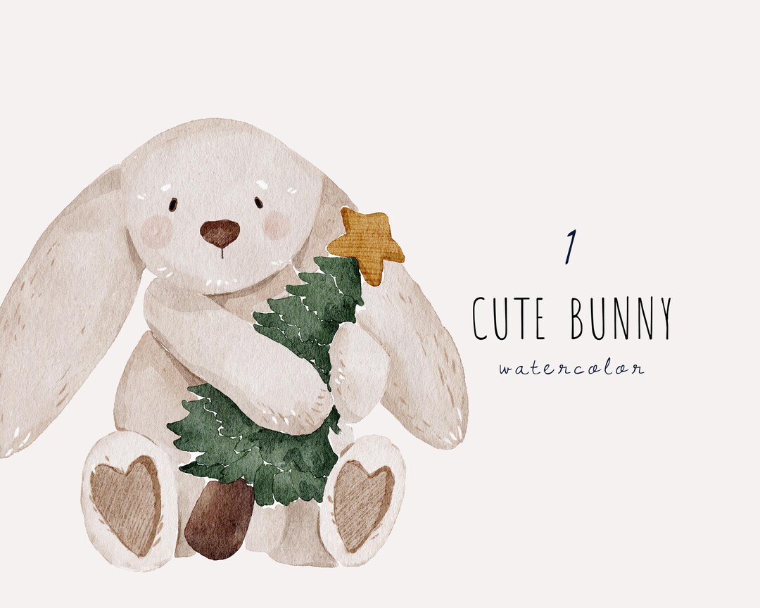 Watercolor Christmas Bunny Clipart, Cute Holiday Rabbit With Tree ...