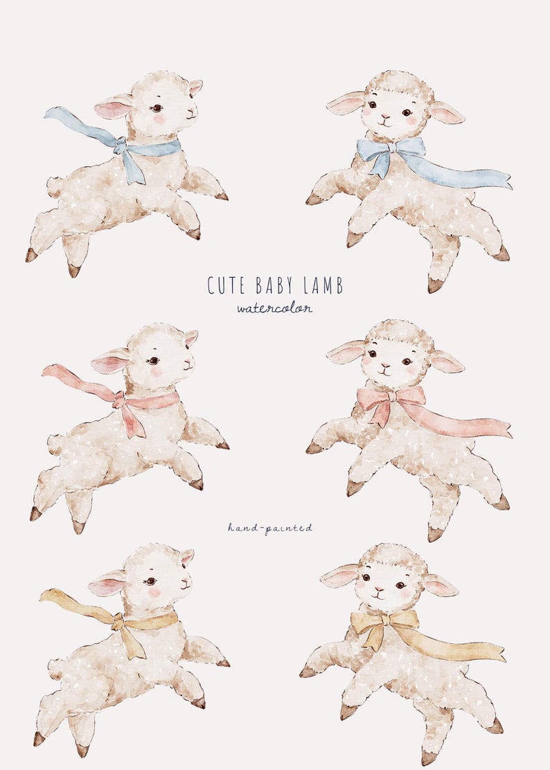 Watercolor Baby Lamb Clipart, Pink, Blue, Yellow Bow Lamb Png, Hand ...