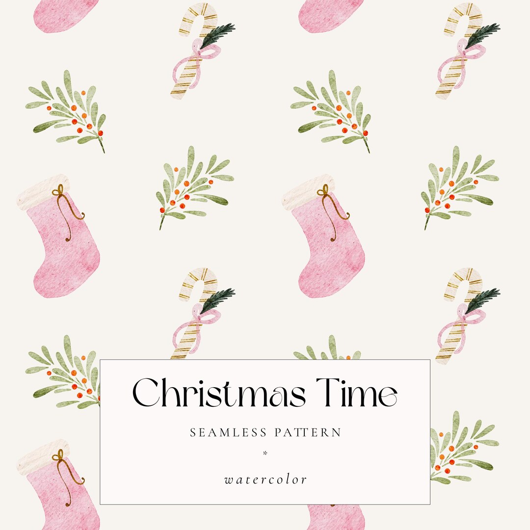 Christmas Seamless Pattern, Pastel Pink Watercolor Christmas Seamless ...