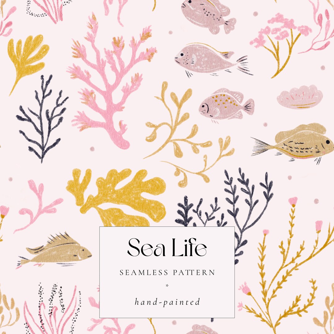 Sea Life Seamless Pattern, Pastel Coral Reef Pattern, Ocean Fish ...