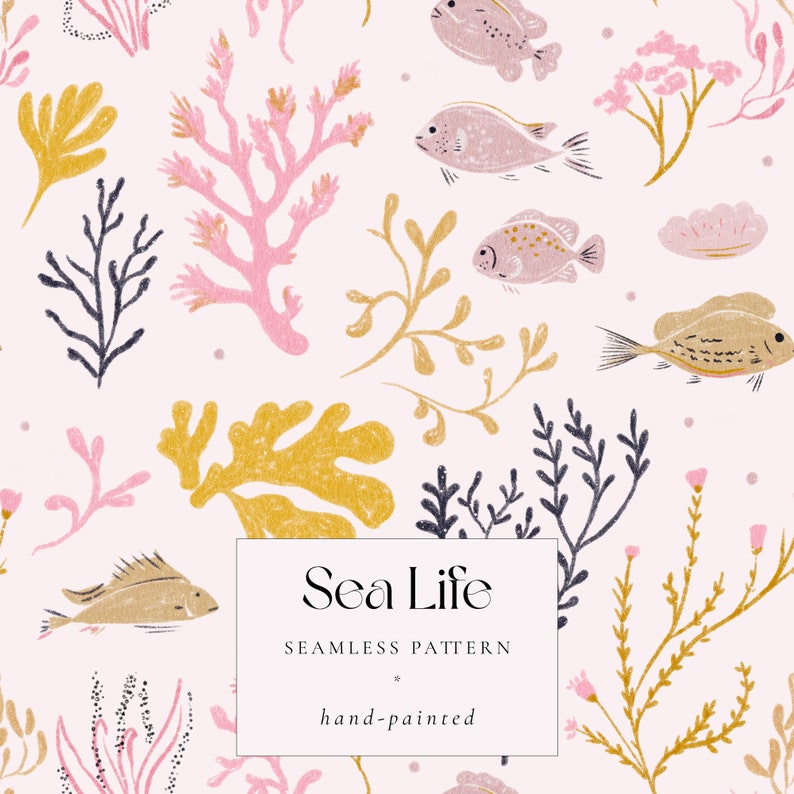 Sea Life Seamless Pattern, Pastel Coral Reef Pattern, Ocean Fish ...