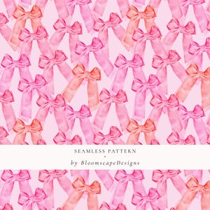 Pink Bows Seamless Pattern, Watercolor Ribbon Digital Paper, Cute Pink ...