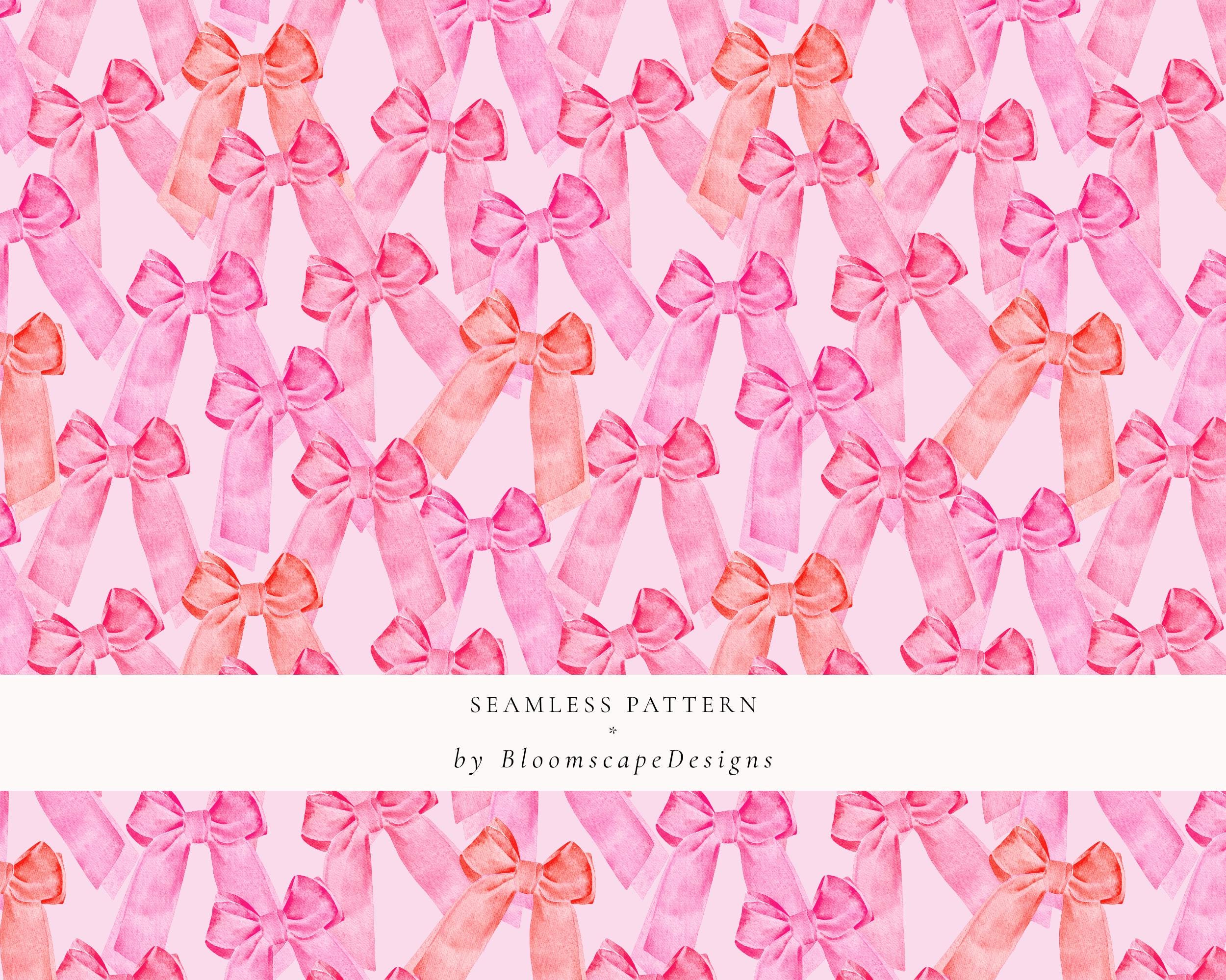 Pink Bows Seamless Pattern, Watercolor Ribbon Digital Paper, Cute Pink ...