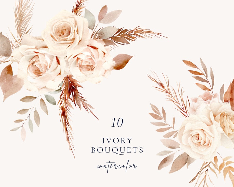 Watercolor Beige Ivory Rose Clipart, Neutral Flower Arrangement, Beige ...