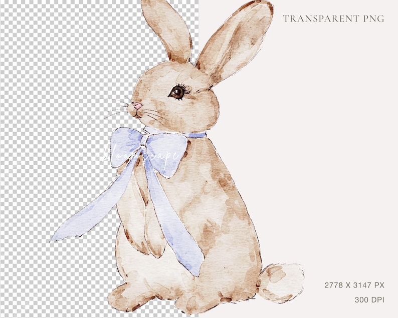 Watercolor Bunny Rabbit Clipart, Pink, Blue Bow Bunny Png, Hand-painted ...