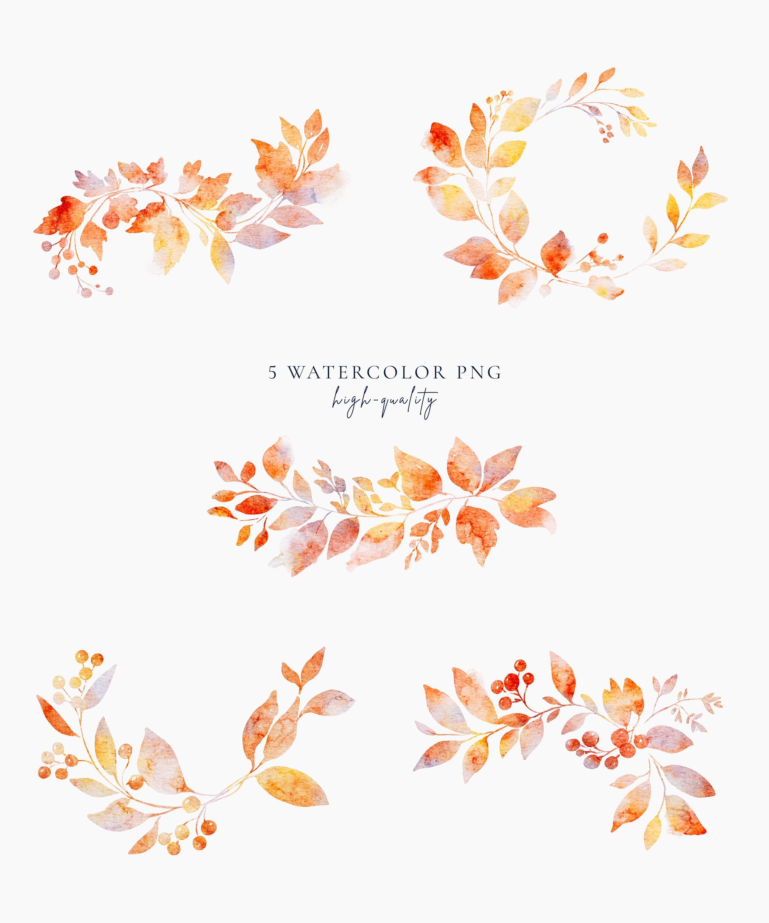 Autumn Watercolor Leaves Clipart, Fall Floral Wreaths and Branches ...